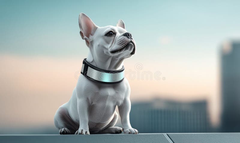 French Bulldog with High-Tech Collar on Rooftop Stock Illustration ...