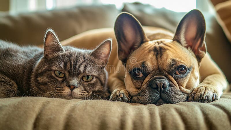 French Bulldog Lying Close To Persian Cat, with an Alert Expression ...