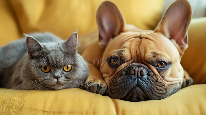 French Bulldog Lying Close To Persian Cat, with an Alert Expression ...