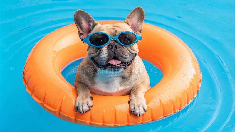 French Bulldog in Orange Pool Float with Sunglasses Summer Fun Concept ...