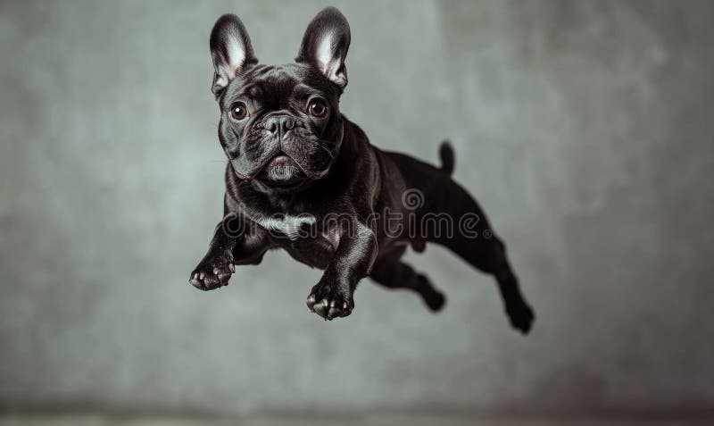 French Bulldog Playfully Jumping, Neutral Studio Backdrop Stock Image ...