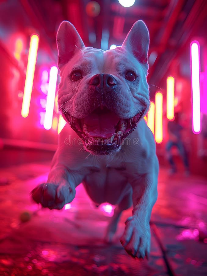 French Bulldog is Posing in Neon Light Under Red Neon Lights Stock ...