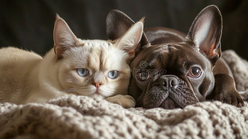French Bulldog Positioned in Front of Resting Ragdoll Cat, with ...