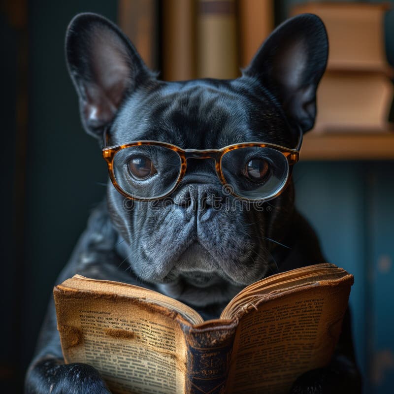 French Bulldog Reading a Book Stock Illustration - Illustration of book ...