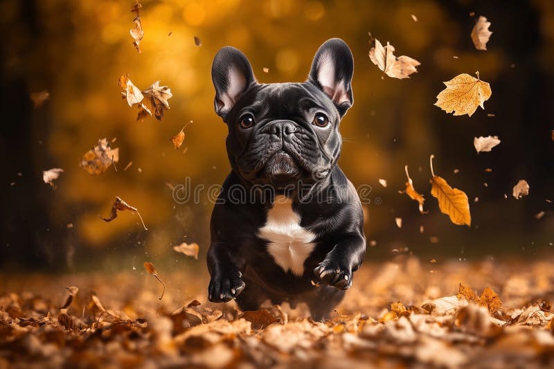 French Bulldog Runs Under Falling Autumn Leaves in the Park Ai Photo ...