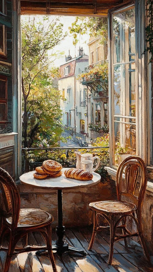 French Cafe, Croissant, Sunlit Terrace. Stock Image - Image of outdoor ...