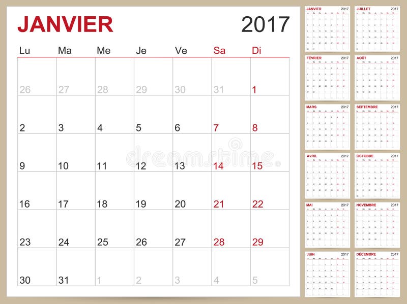 French Calendar 2017 stock vector. Illustration of plan - 65735946