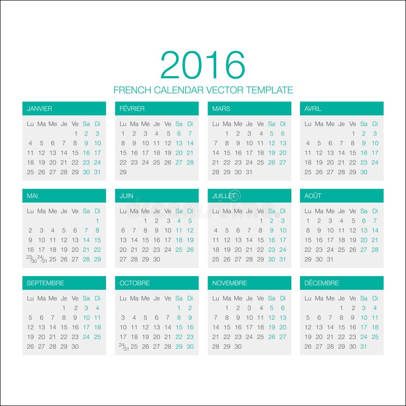 French Calendar Vector 2016 Stock Illustration - Illustration of diary ...