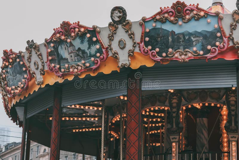 French Carousel with Light Bulbs Close-up Stock Photo - Image of europe ...