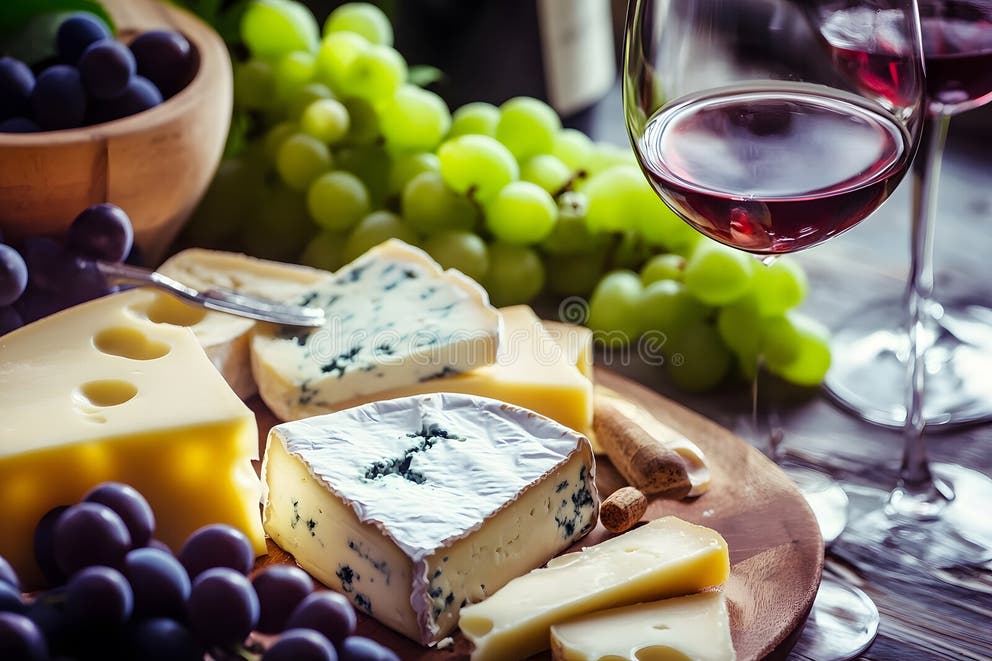 French Cheese Board with Grapes and Wine, Sharp Cool Light Studio Style ...