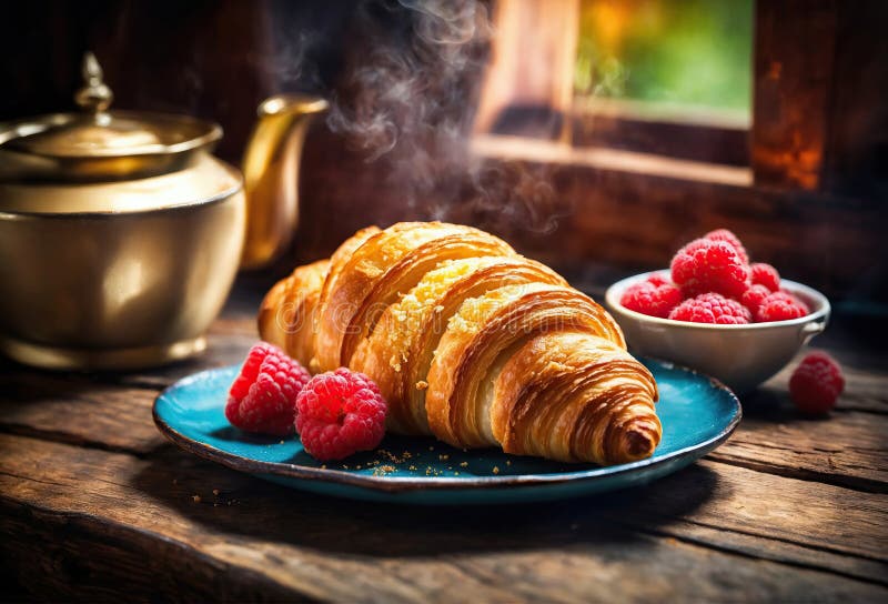 French Croissant with Tea for Breakfast Stock Illustration ...