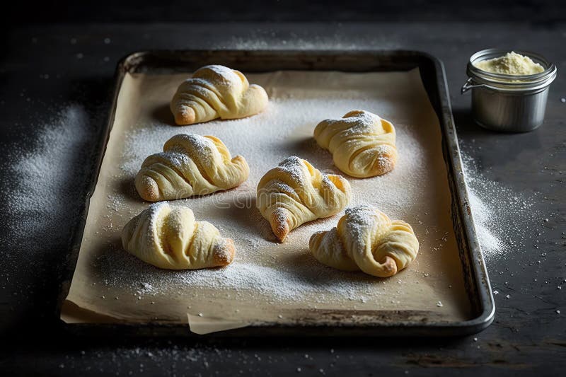 French Croissants on a Baking Sheet. Croissant in Bakery Stock ...