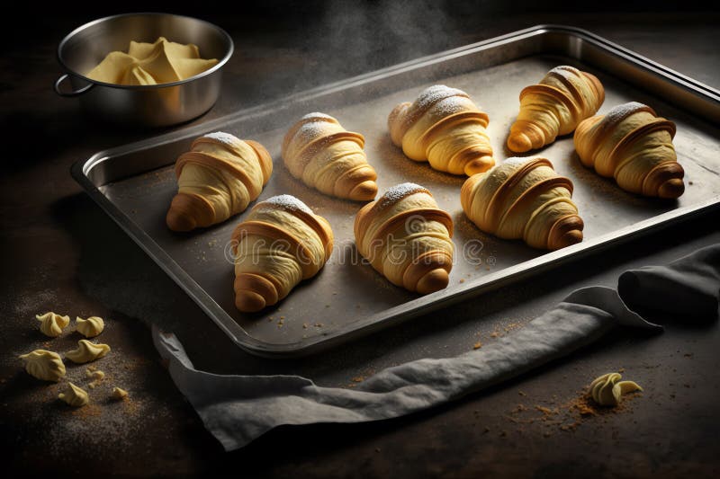 French Croissants on a Baking Sheet. Croissant in Bakery Stock ...