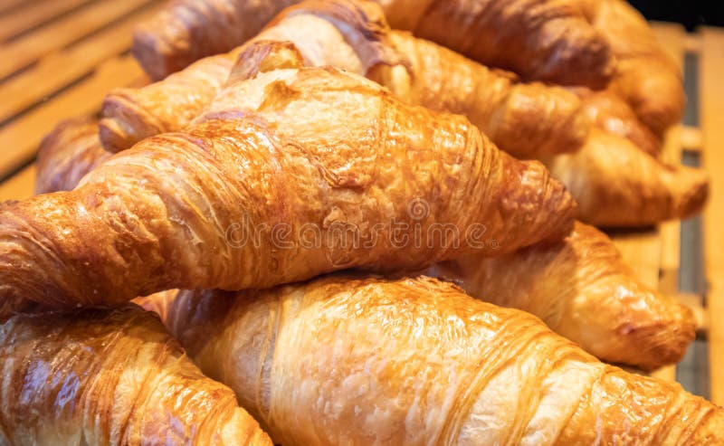 French Croissants in a Shop Display, Closeup View Stock Photo - Image ...