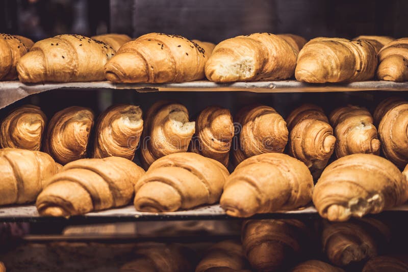 French Croissants on a Showcase in a Bakery Shop Stock Photo - Image of ...