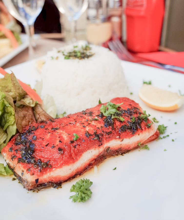 French Cuisine Dish with Lemon and Salmon Stock Photo - Image of fish ...