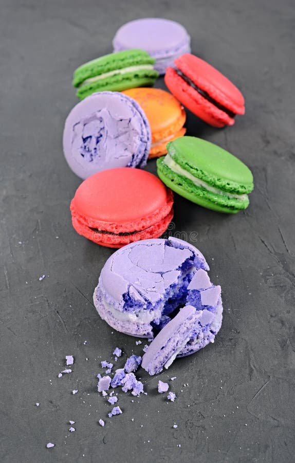 French Dessert. Sweet Broken Multicolored Macaroons or Macarons Stock ...