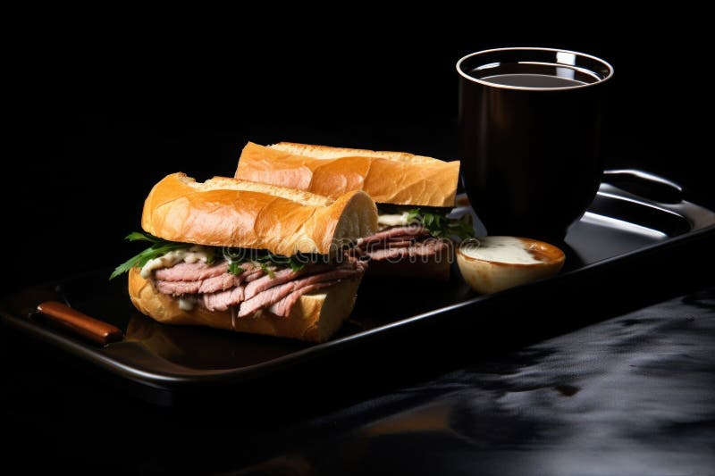 French Dip Sandwich on a Black Plate in High Contrast Lighting Stock ...
