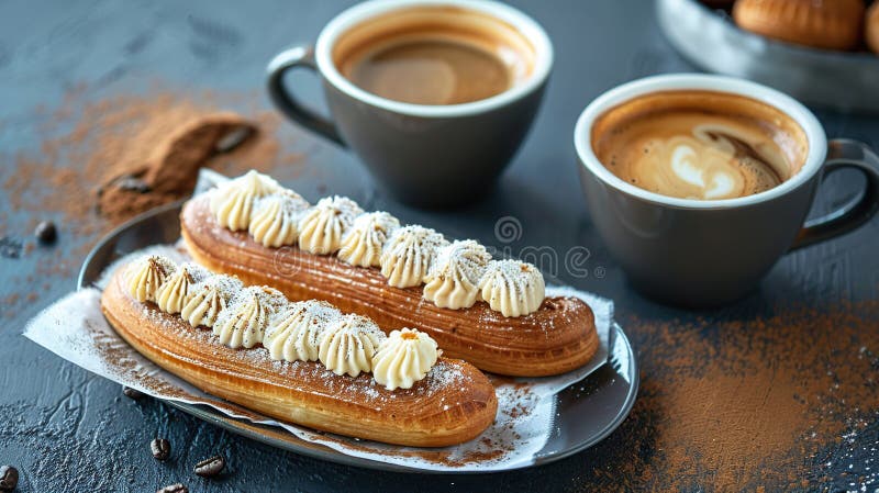 French Eclairs and 2 Cups of Coffee on the Table . Generative Ai Stock ...