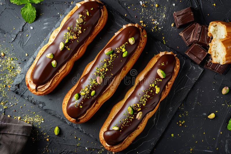 French Eclairs Filled with Chocolate and Pistachios. Generative AI ...