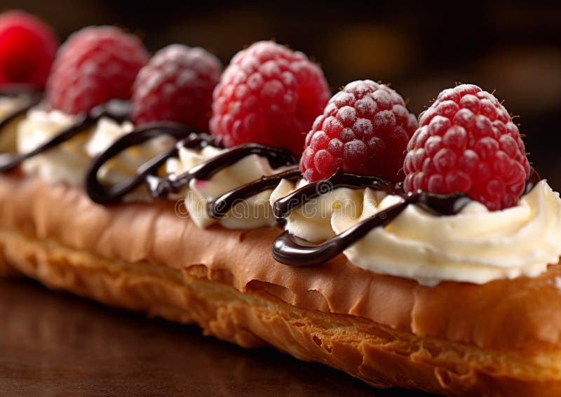 French Eclairs with Raspberry and Chocolate Topping on Black.Macro.AI ...