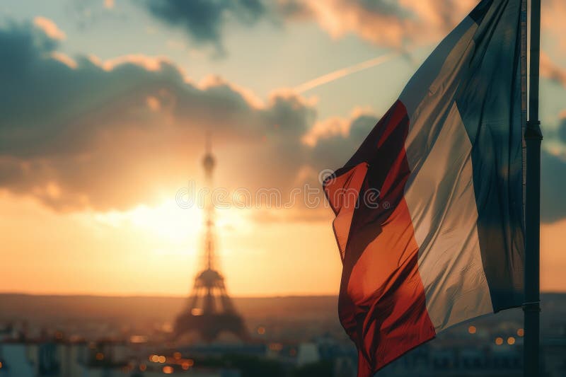 French Flag at Sunset with Eiffel Tower in the Background Stock ...