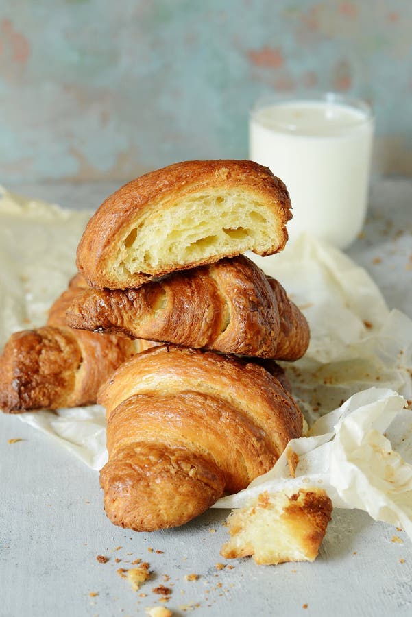 French Fresh Crispy Croissant with a Glass of Milk for Breakfast ...