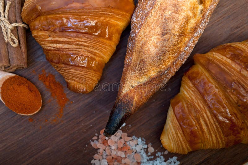 French Fresh Croissants and Artisan Baguette Stock Image - Image of ...