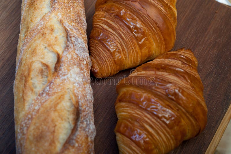 French Fresh Croissants and Artisan Baguette Stock Photo - Image of ...