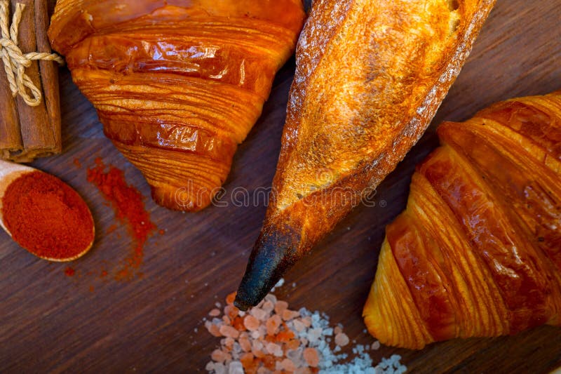 French Fresh Croissants and Artisan Baguette Stock Photo - Image of ...