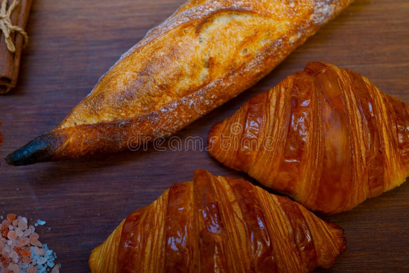 French Fresh Croissants and Artisan Baguette Stock Image - Image of ...