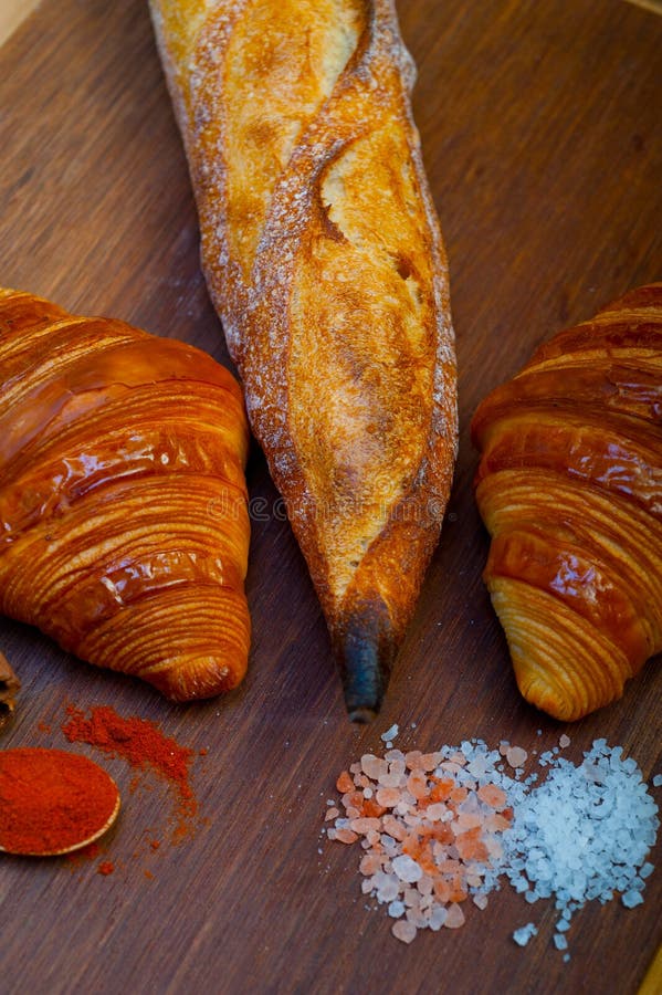 French Fresh Croissants and Artisan Baguette Stock Image - Image of ...