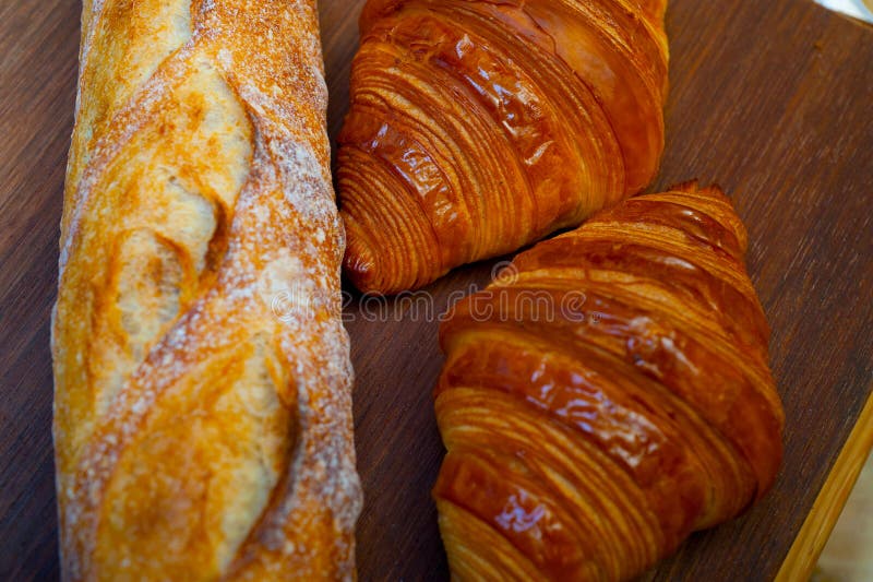 French Fresh Croissants and Artisan Baguette Stock Photo - Image of ...