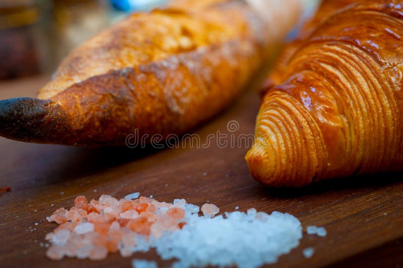 French Fresh Croissants and Artisan Baguette Stock Photo - Image of ...