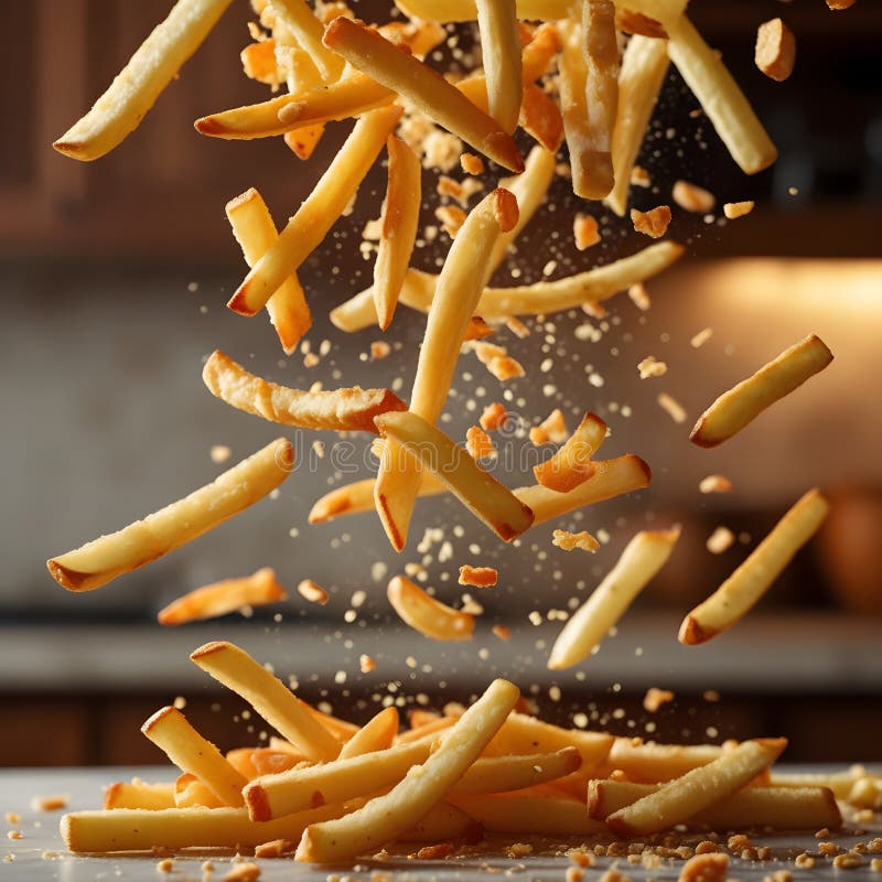 French Fries Action Shot in Warm Kitchen Stock Illustration ...