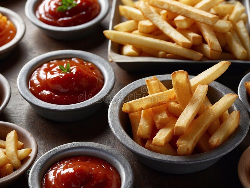 French Fries in Cubes with Ketchup. Side View Close-up Stock ...
