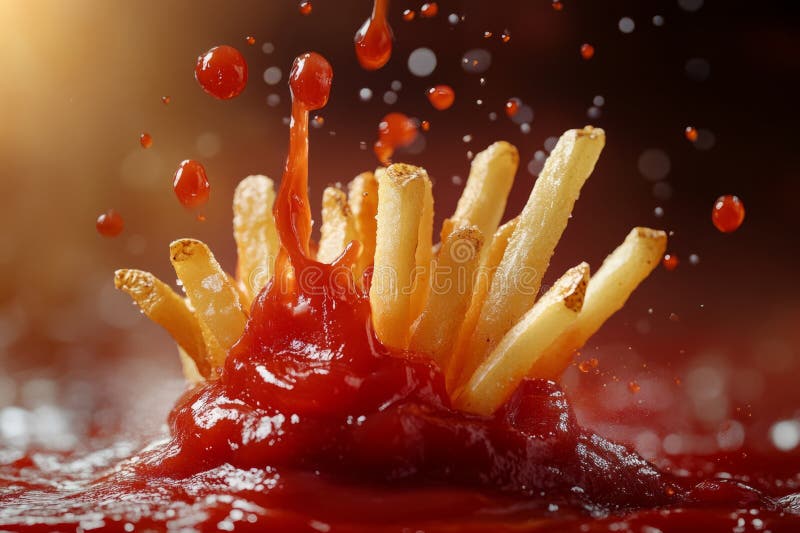 French Fries Dipped in a Puddle of Ketchup, Creating a Splash Against a ...