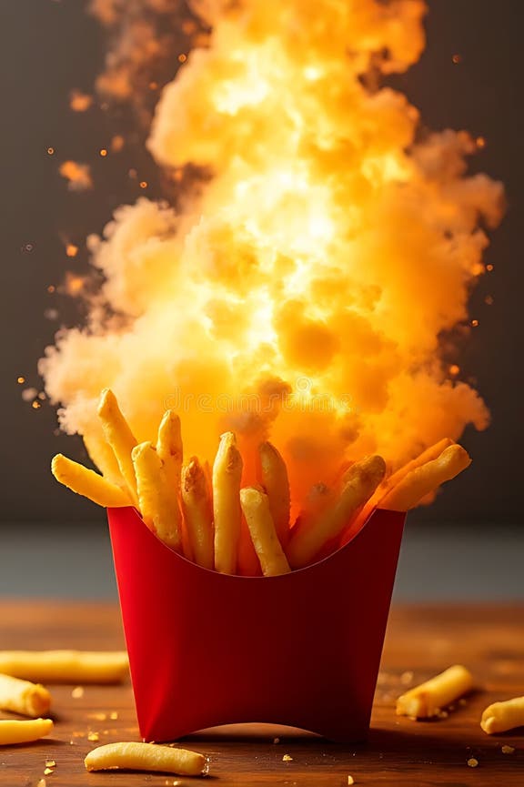 French Fries Explode Out of a Red Container in a Dramatic Display Stock ...