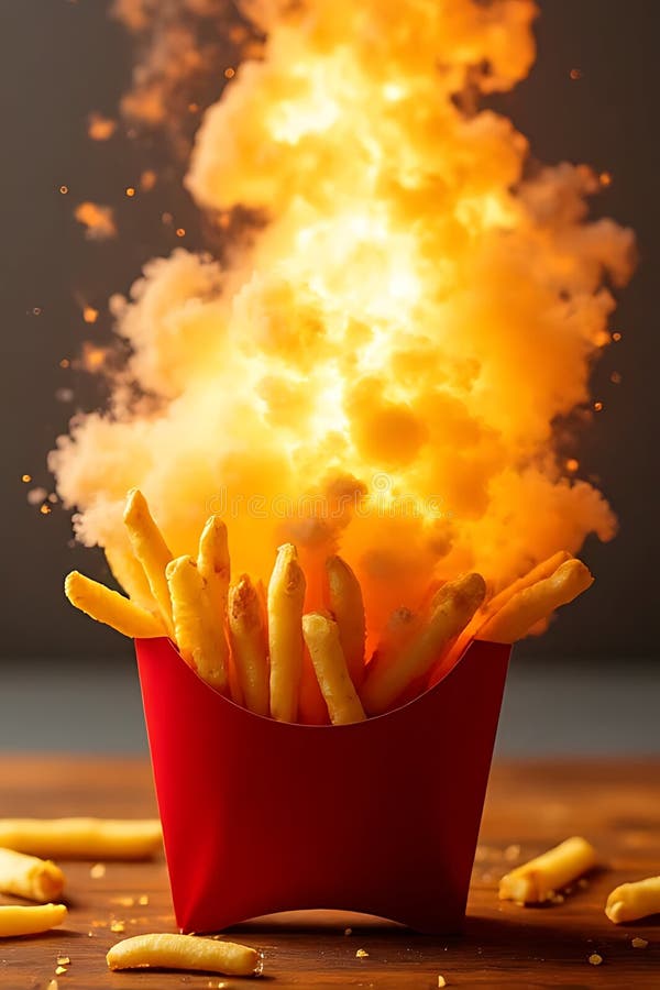 French Fries Explode Out of a Red Container in a Dramatic Display Stock ...