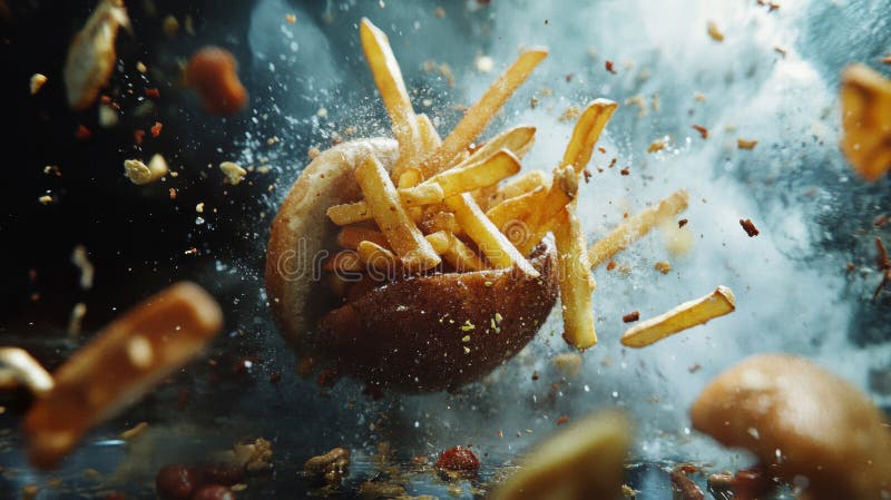 French Fries Exploding from a Burger in a Dark Setting Stock ...