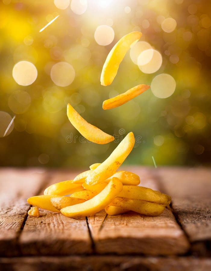 French Fries Falling Down on an Old Rustic Wooden Table Stock ...