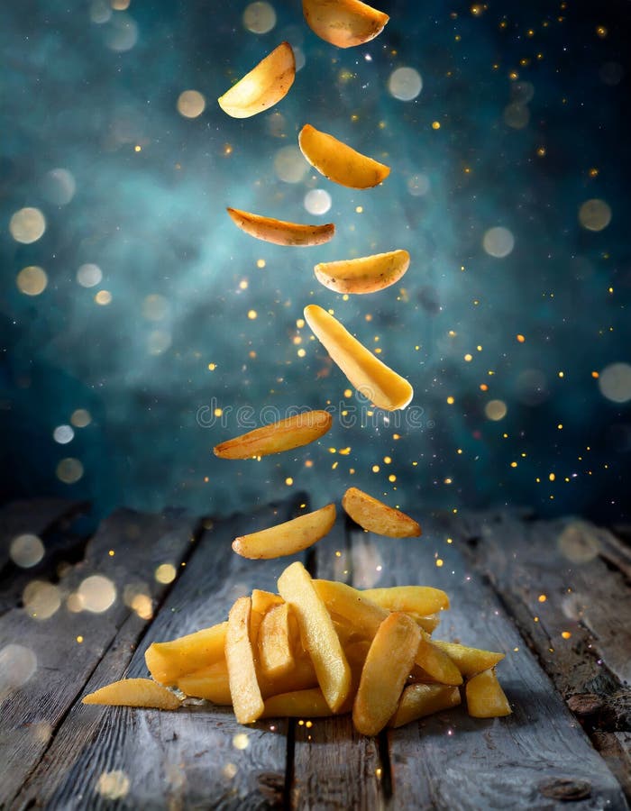 French Fries Falling Down on an Old Rustic Wooden Table Stock ...