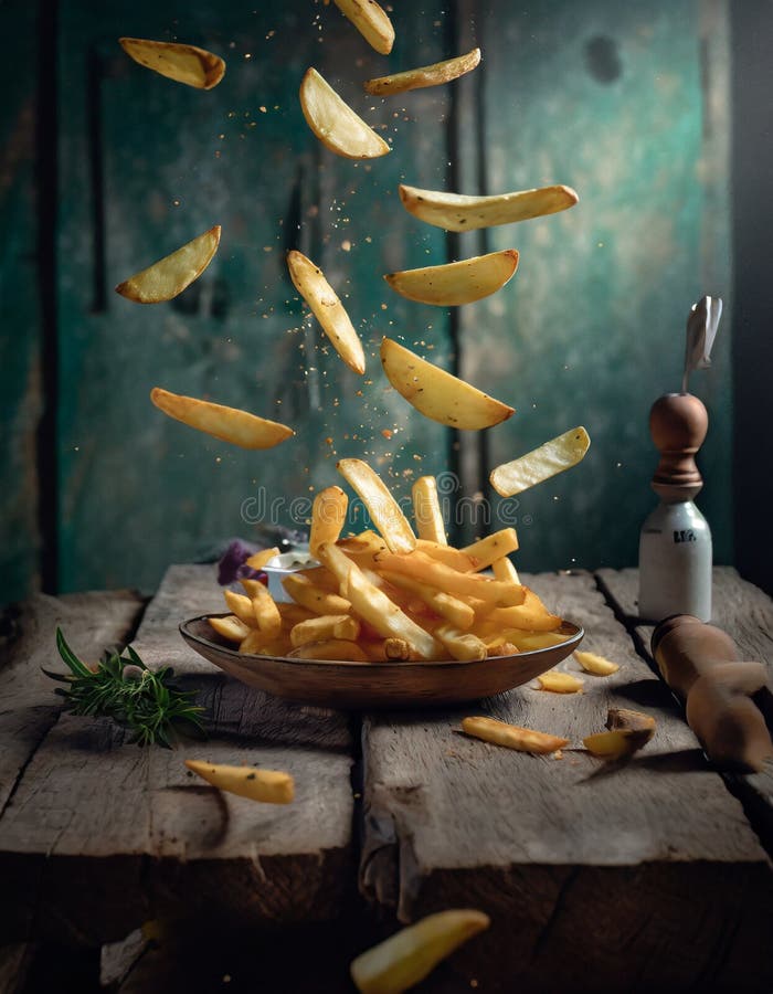 French Fries Falling Down on an Old Rustic Wooden Table Stock ...