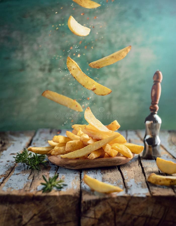 French Fries Falling Down on an Old Rustic Wooden Table Stock ...
