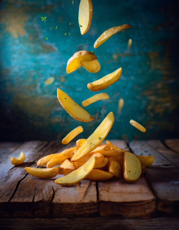 French Fries Falling Down on an Old Rustic Wooden Table Stock ...