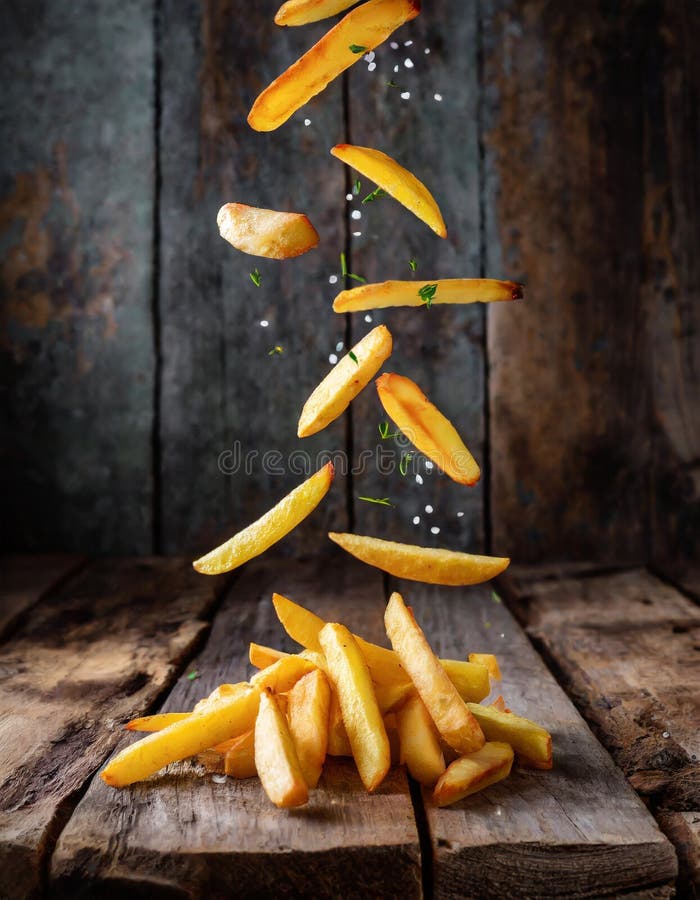 French Fries Falling Down on an Old Rustic Wooden Table Stock ...