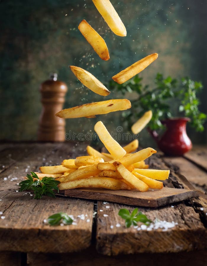 French Fries Falling Down on an Old Rustic Wooden Table Stock ...
