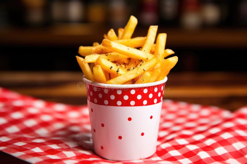 French Fries Piled Up in a Polka-dotted Cup Stock Image - Image of ...