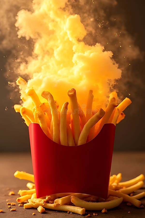 French Fries in a Red Container with Rising Steam, on Dark Surface ...