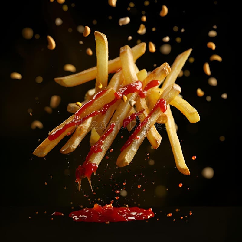 French Fries Soaring Towards a Pool of Ketchup, AI-generated. Stock ...